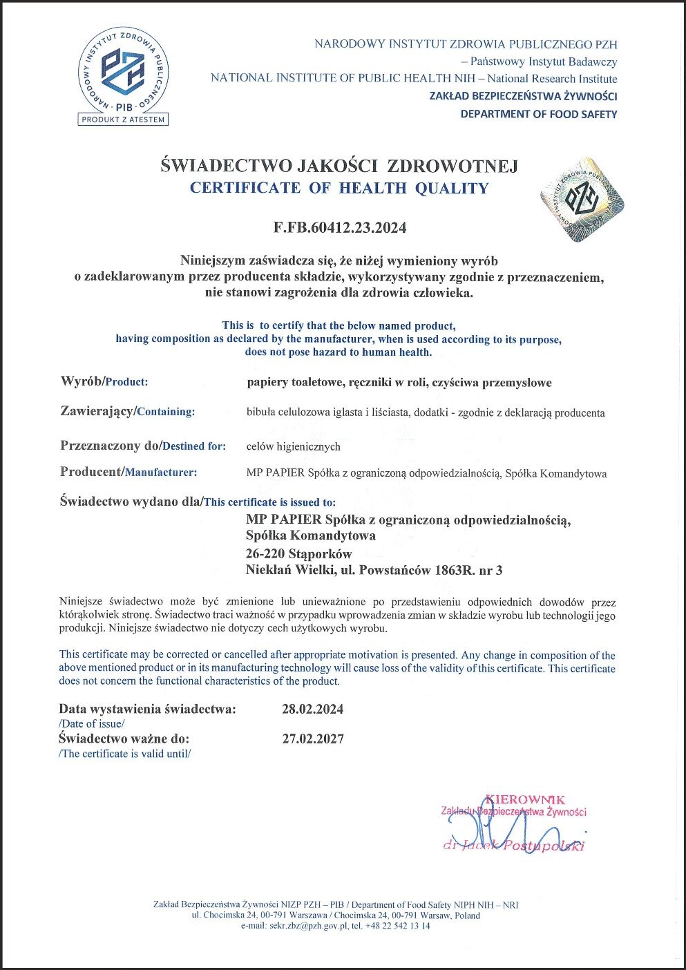 MP Papier. Producent artykułów higienicznych MP Papier Certyfikat PZH,